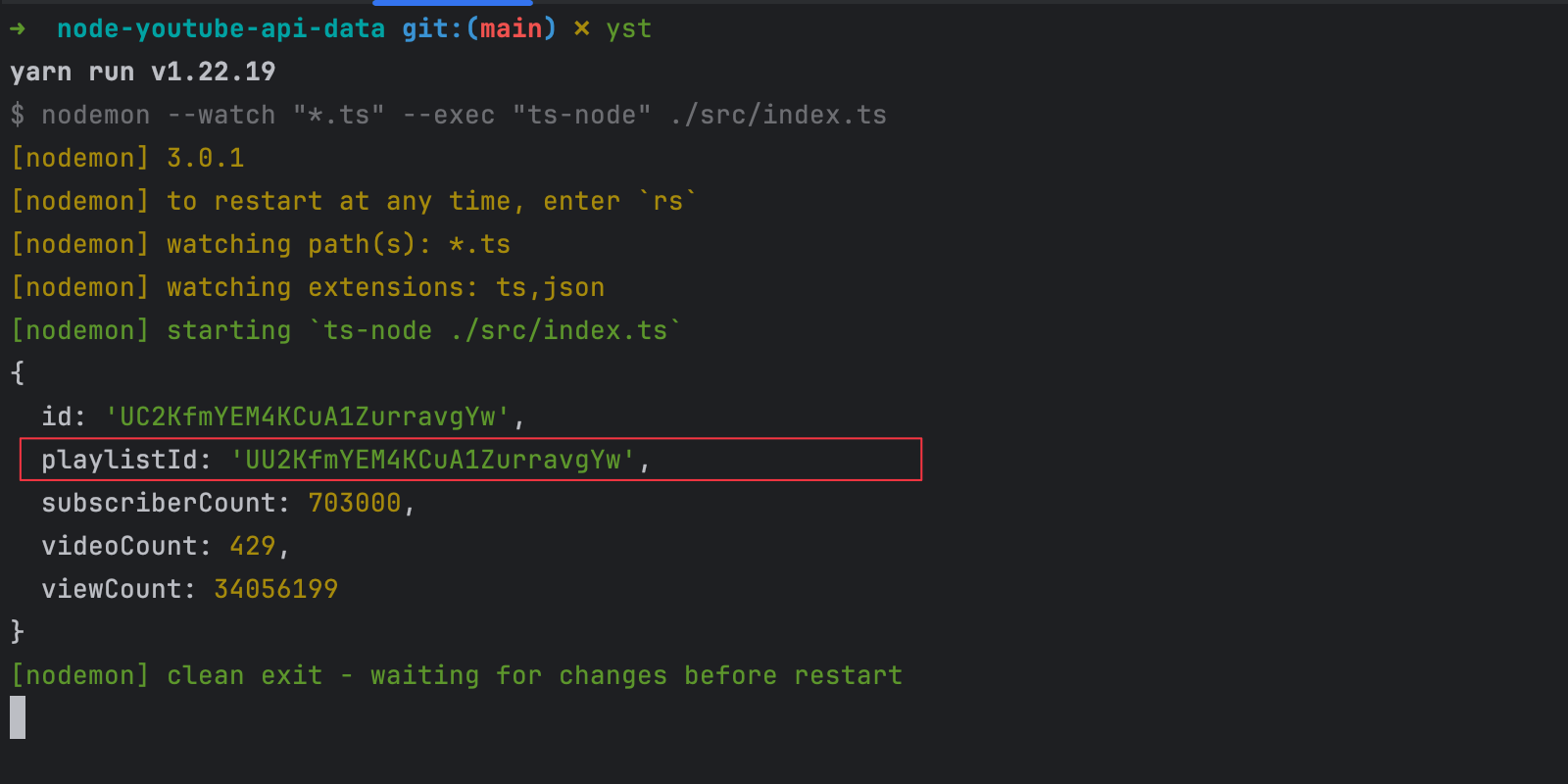 Retrieve videos from the YouTube Data API v3 in Node.js