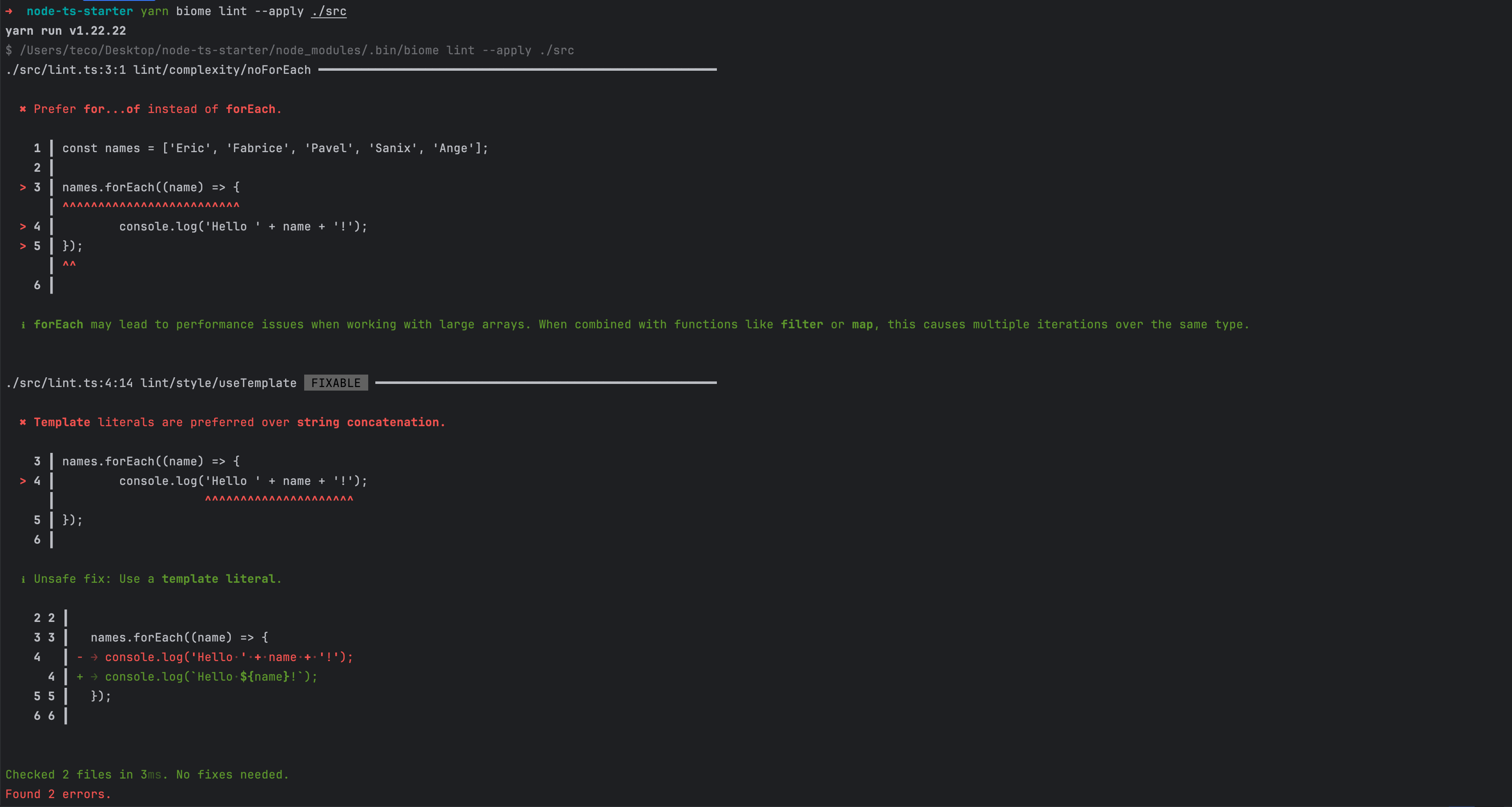 Set up a Node.js project with TypeScript and Biome