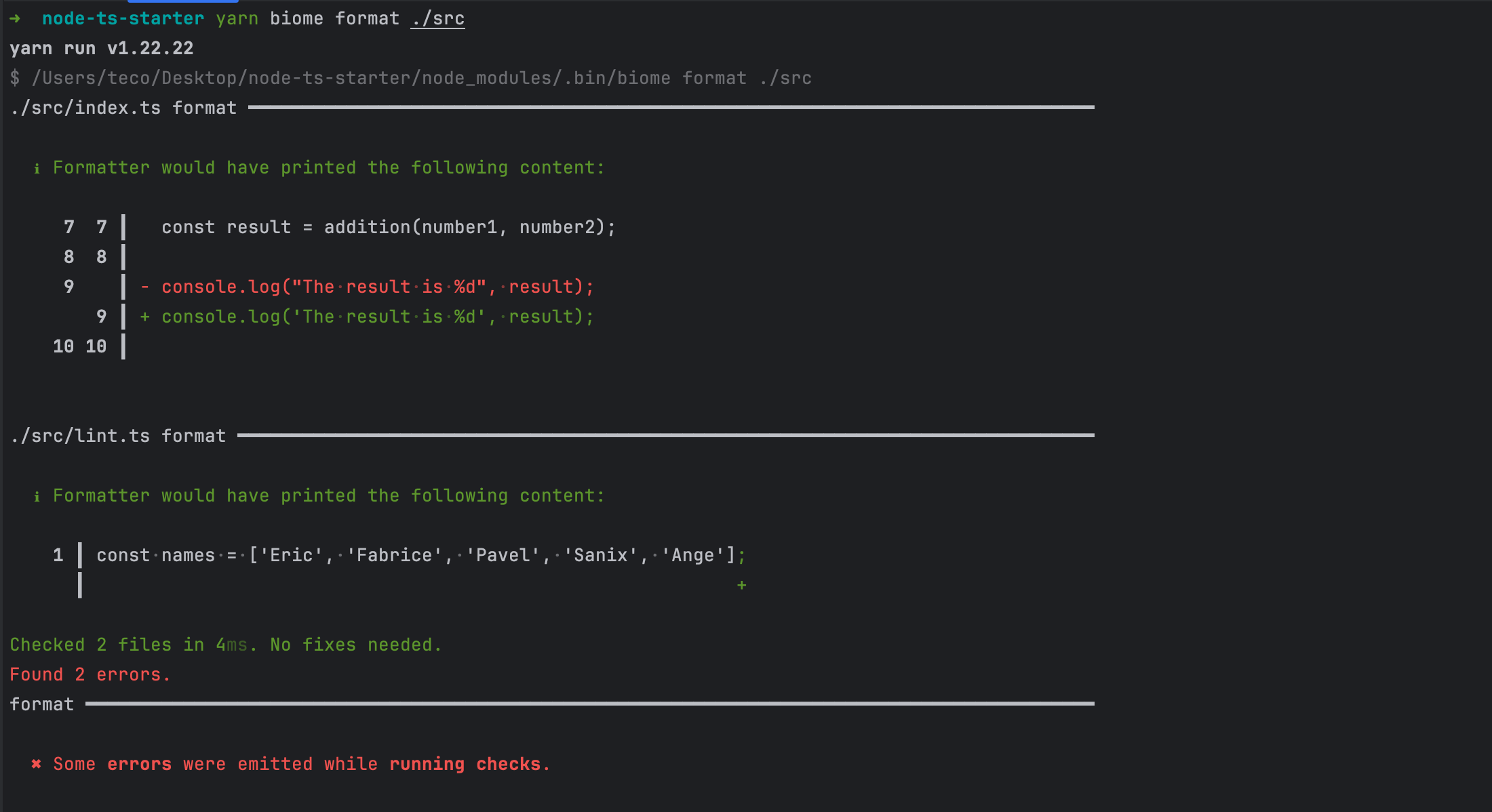 Set up a Node.js project with TypeScript and Biome