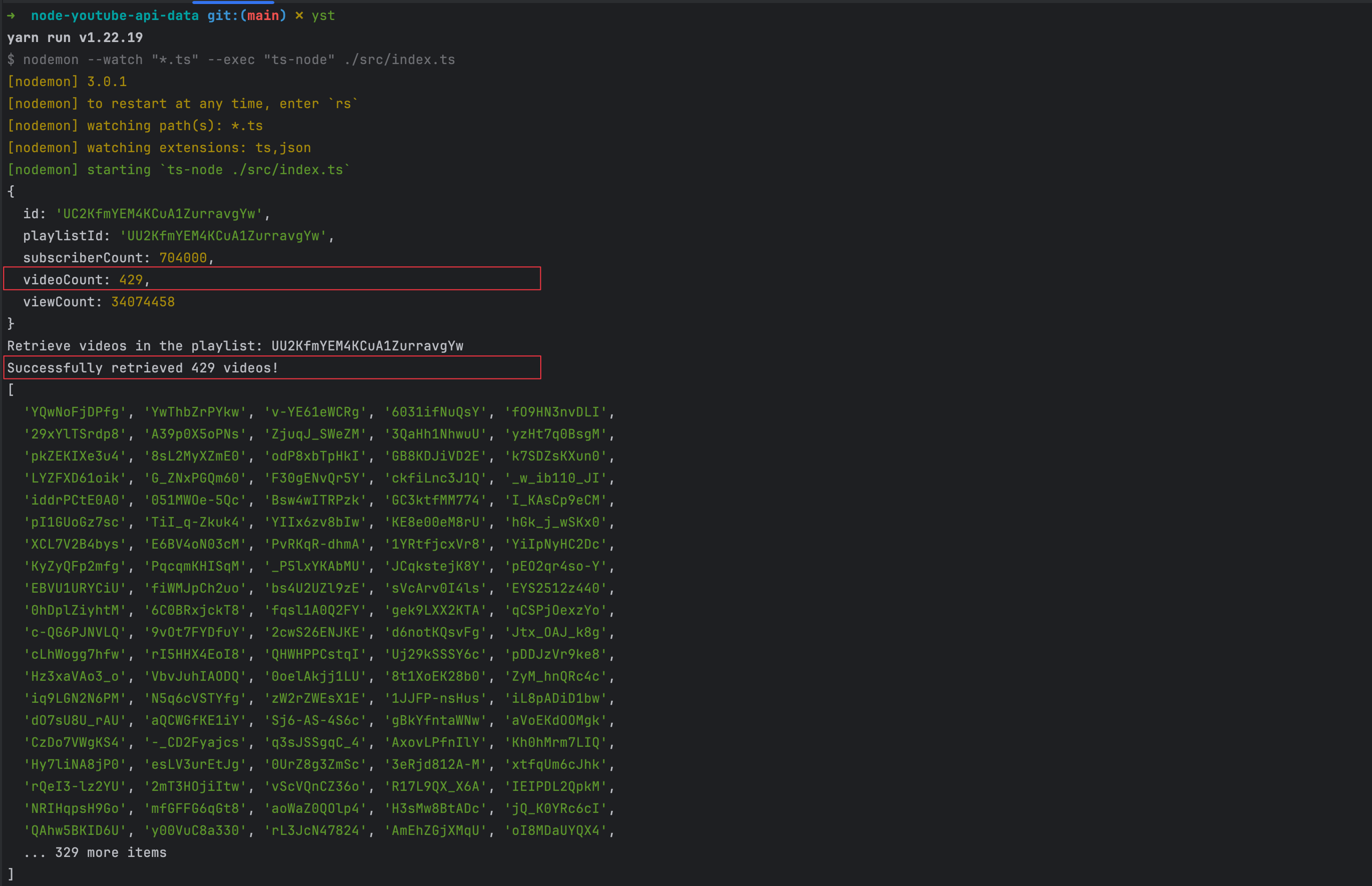 Retrieve videos from the YouTube Data API v3 in Node.js
